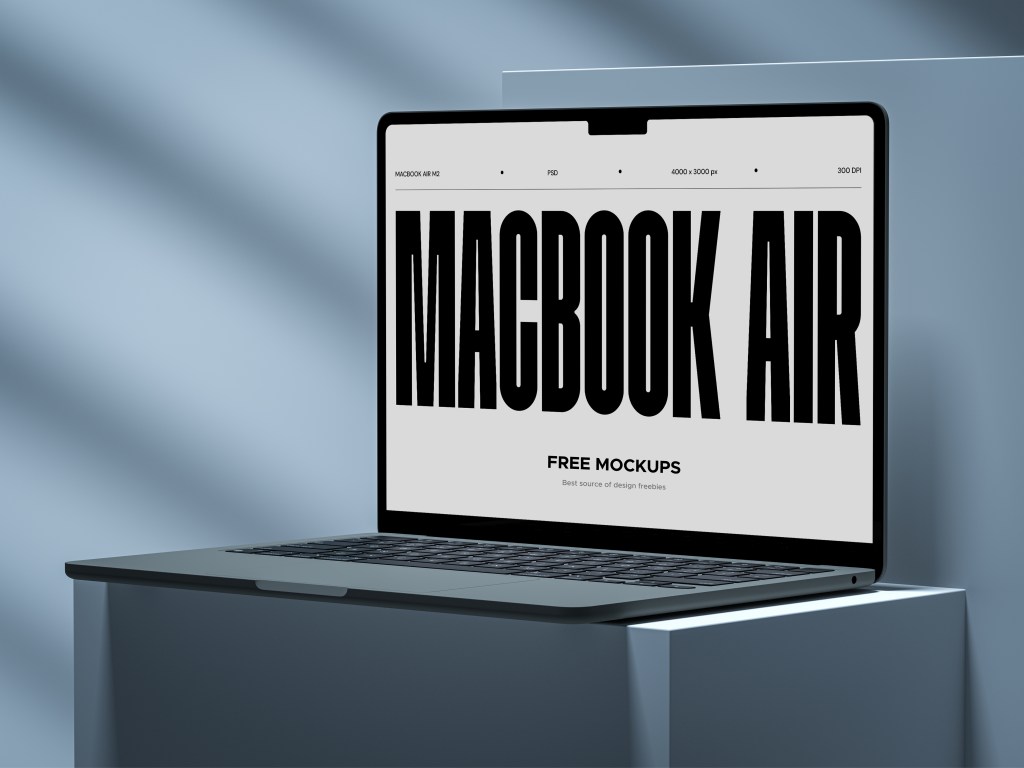 Side View Silver MacBook Air M3 Free Mockup On Grey Pedestal